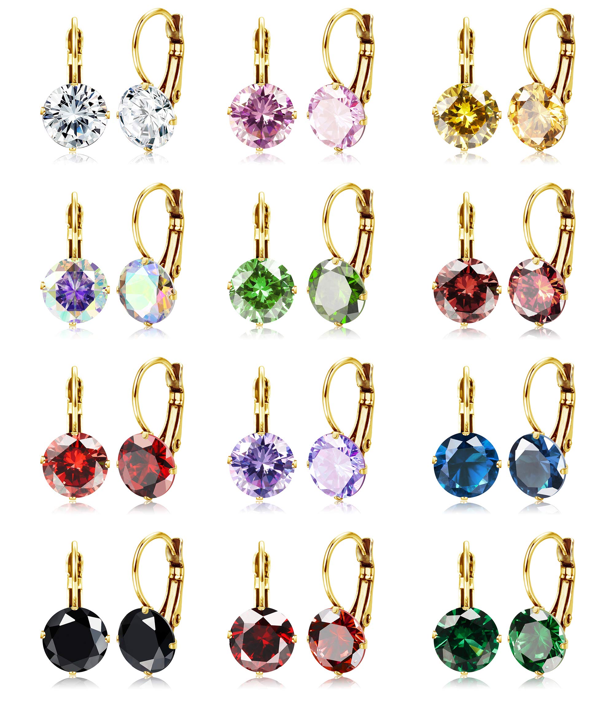JOERICA 12 Pairs Leverback Dangle Earrings Set for Women Gold Plated CZ Stainless Steel Earrings 10MM Multicolor Cubic Zirconia Drop Earrings