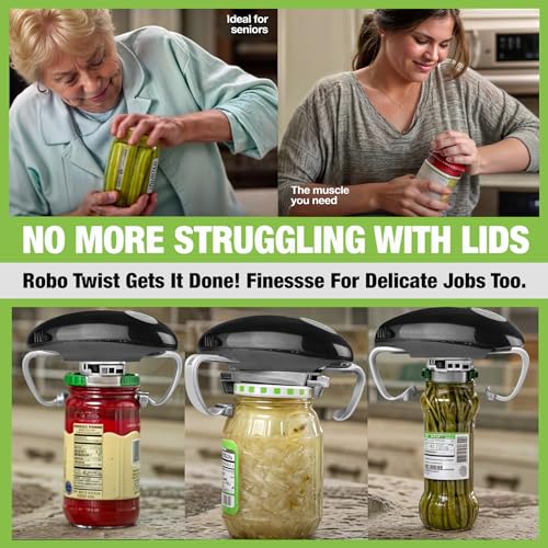 Robotwist Jar Openers Top Rated for Seniors, Automatic Jar Opener, Deluxe Model with Improved Torque, Robo Twist Kitchen Gadgets for Home, Handsfree Easy Jar Opener – Works on All Jar Sizes, Black