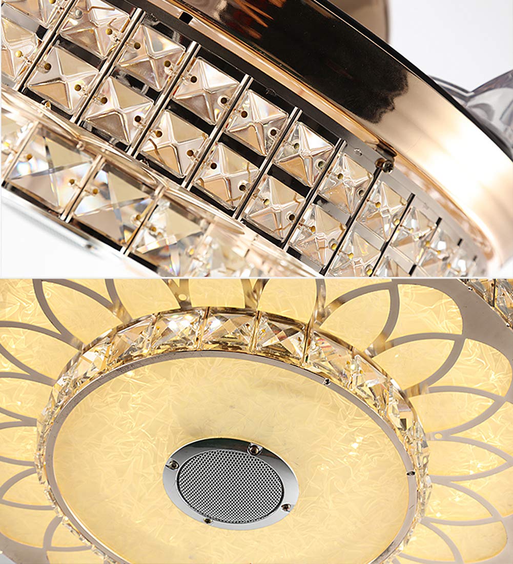KPIBEST 42 inch Ceiling Fan with Light and Remote Control 3 Lights Levels, Modern Crystal Retractable Chandelier Fans with Bluetooth Music Speaker for Living/Dining Room Bedroom