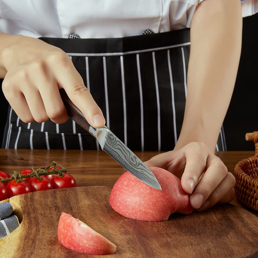 SipLip Knife set 6 Pieces with Wooden Block, German Stainless Steel Kitchen Chef Knives Set come with Gift Box