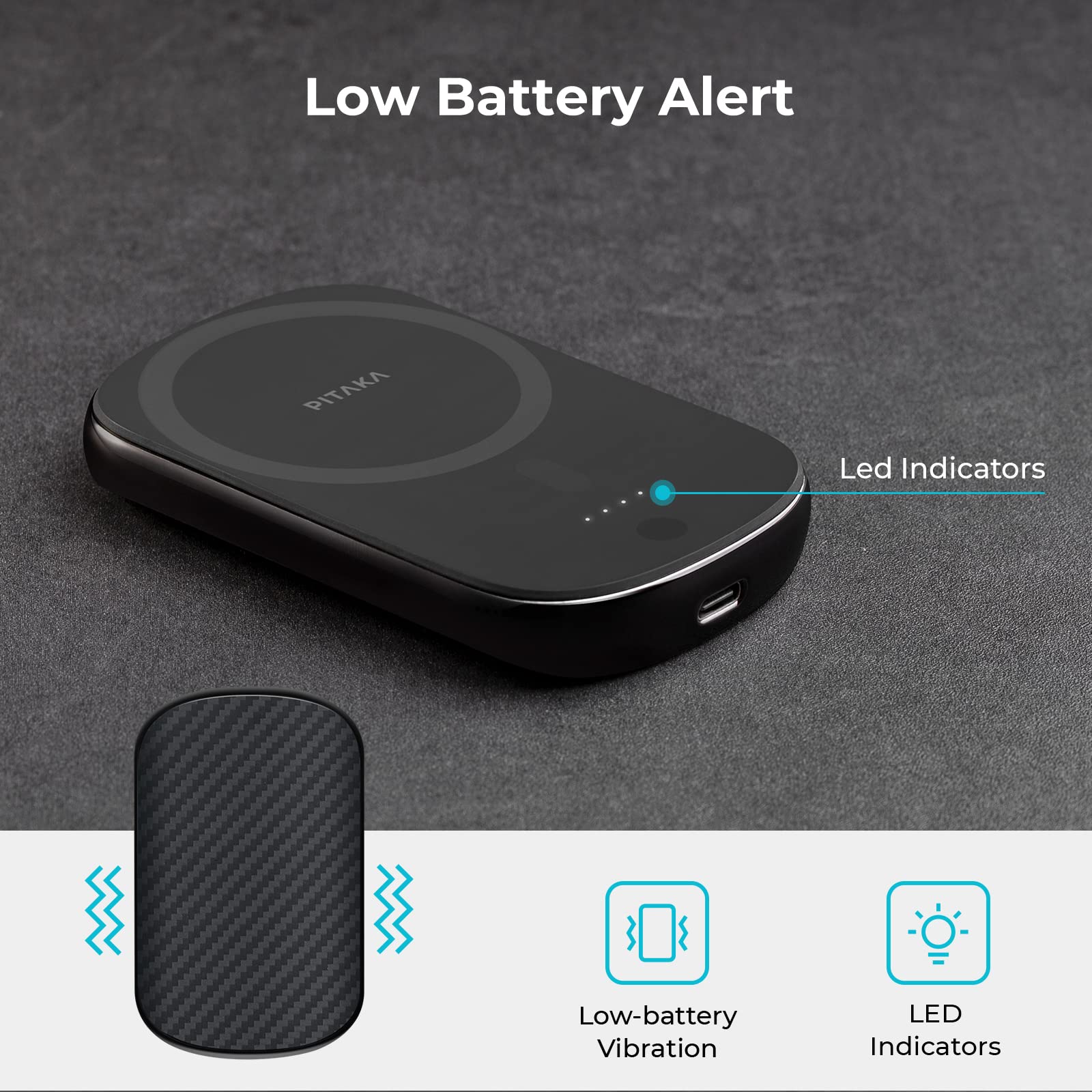 pitaka Wireless Portable Charger Power Bank for iPhone 14/13/12 Compatible with Mag Safe Battery Pack 4000mAh, 1500D Aramid Fiber Made, Black/Grey(Twill)