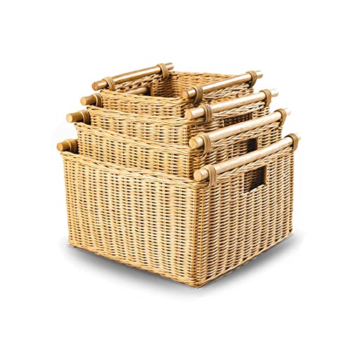 The Basket Lady Deep Pole Handle Wicker Storage Basket, Extra Large, 17.5 in L x 18 in W x 11.5 in H, Sandstone