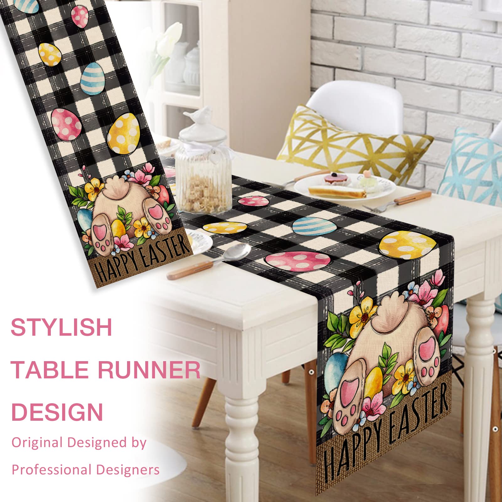 Seliem Happy Easter Bunny Rabbit Table Runner, Eggs Black Buffalo Plaid Check Kitchen Dining Table Decor, Flowers Spring Burlap Home Decoration Indoor Outdoor Holiday Party Supply 13 x 72 Inches