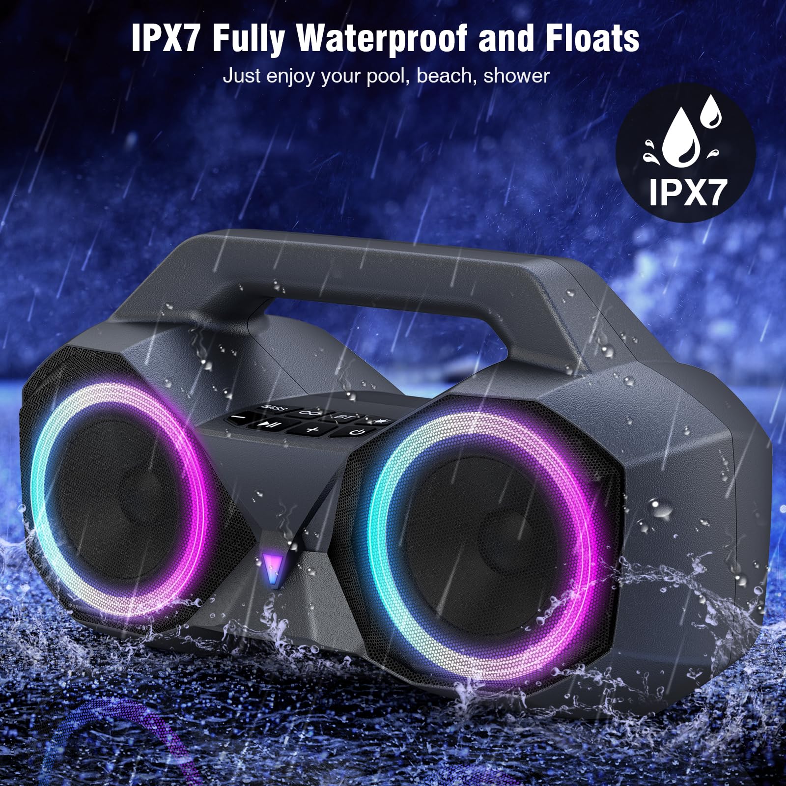 KMAG Portable Bluetooth Speaker - IPX7 Waterproof Wireless Speakers with 80W Loud HiFi Stereo Sound, 24H Playtime, Dynamic Light, Deep Bass, Dual Pairing, 5.3 BT for Outdoor, Home, Party, Gifts