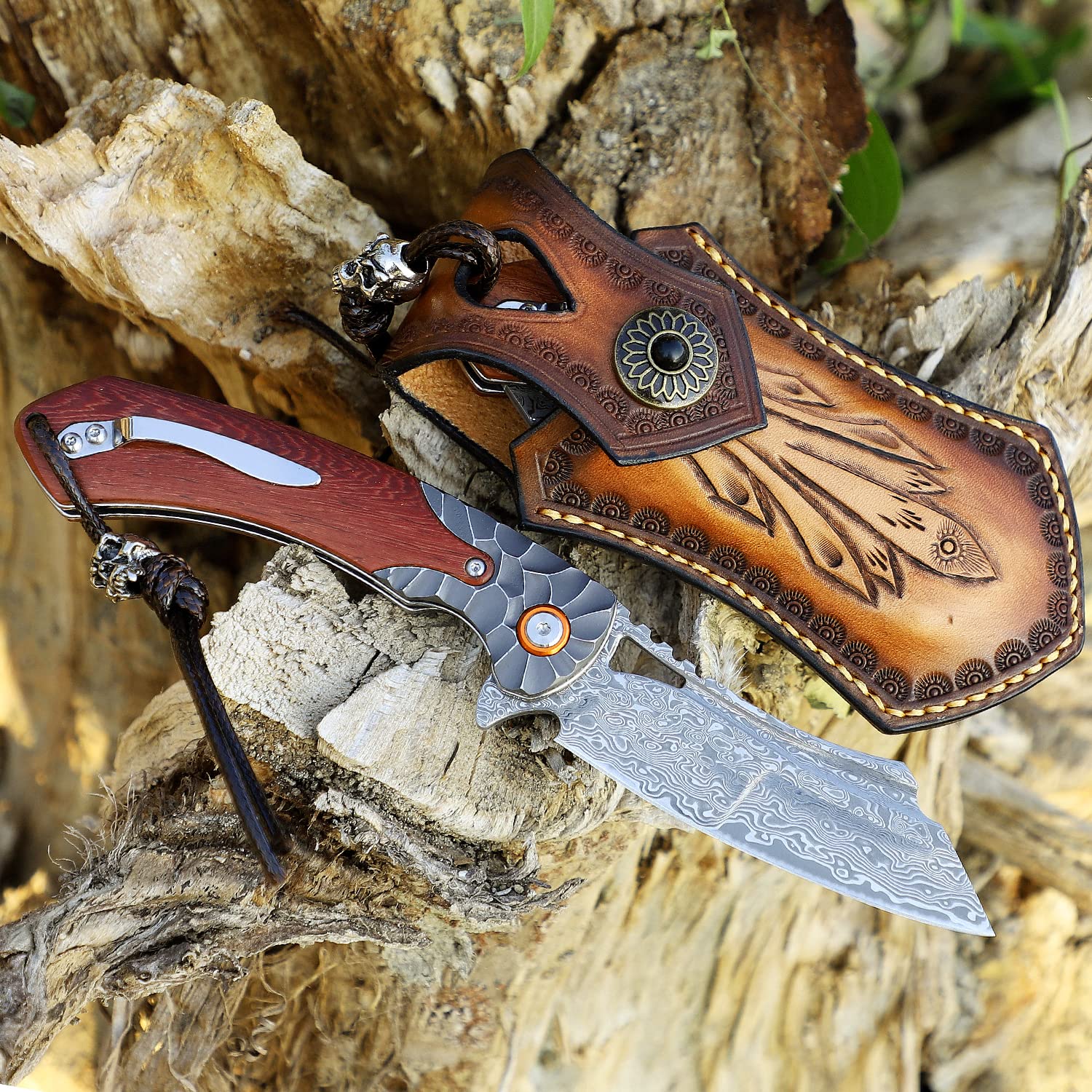 Minowe men's pocket knife Damascus Steel Handmade Folding Knife,3.5 in blade rosewood handle,with leather case ,Liner Lock Steel ball bearings,pocket clip ,EDC Camping Outdoor Survival Knife