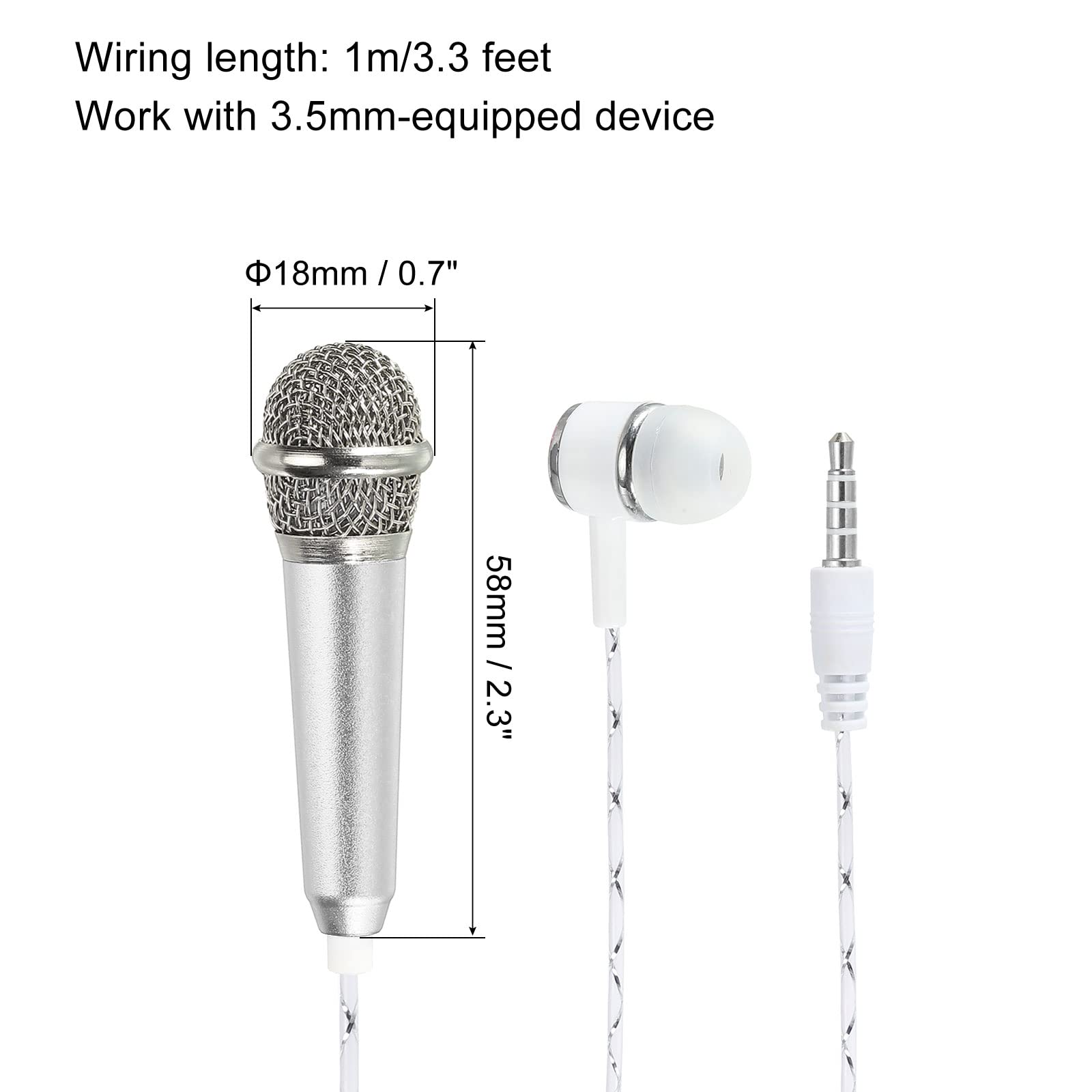PATIKIL Mini Microphone Portable Vocal Microphone Silver for Voice Recording and Singing with Earphone, Mic Stand and Cover Pack of 2