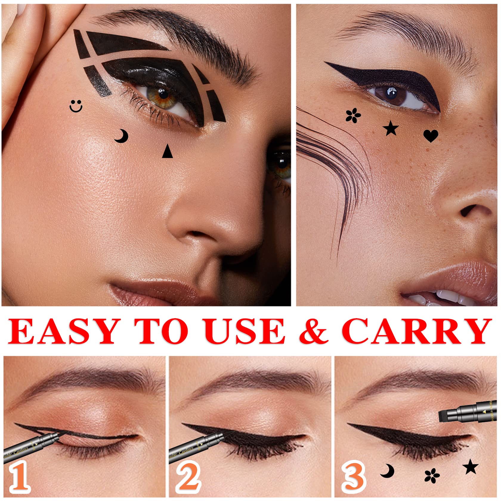 NVLEPTAP 6 Pcs Double-headed Eyeliner Stamps Set Black Liquid Eye Liner Pen With Star,Moon,Heart,Flower,Smiley,Waterproof Eye Liner for Women Create Long Lasting Eye Makeup