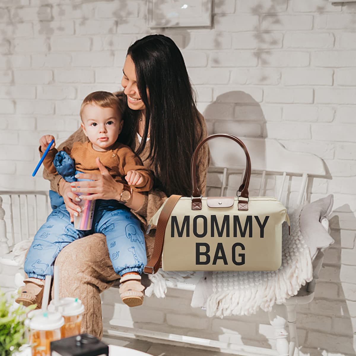 SEEDNUR Diaper Bag Tote with 2 Organizer Pouches, Large Capacity Mommy Bag for Hospital and Weekender Travel (Beige)