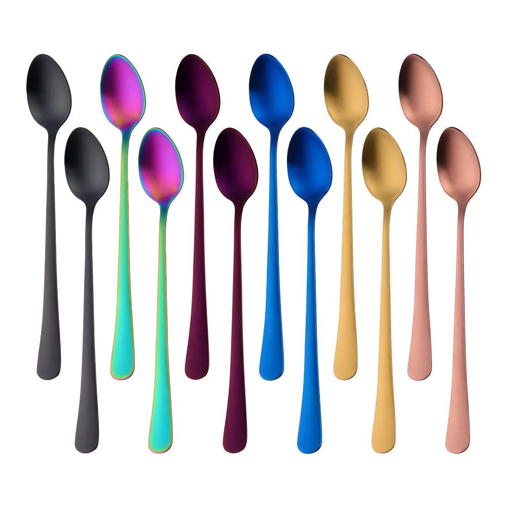 MINGYU 7.87-Inch Ice Tea Spoons Long Handle, Stainless Steel Ice Cream Spoon Matte Finish Colorful Cocktail Stirring Spoons Set of 12, 6