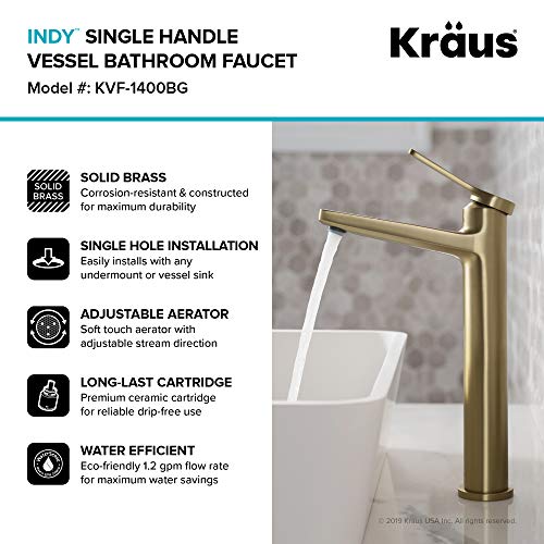 KRAUS Indy Single Handle Vessel Bathroom Faucet and Pop Up Drain in Brushed Gold, KVF-1400BG-PU-10BG