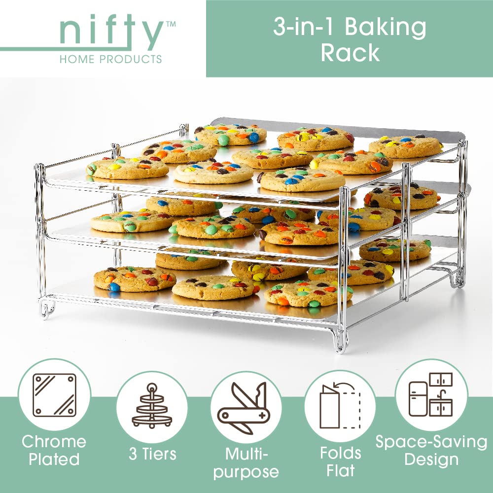 Nifty 3-in-1 Baking Rack β Nickel Chrome Plating, Cooling & Baking Rack, Multipurpose Kitchen Accessory, Folds Flat for Easy Storage, Use for Cookies, Pizzas, Baked Goods