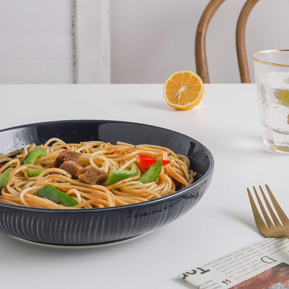 KOOV Ceramic Pasta Bowls Set of 4, 30 OZ Large Salad Bowls Set, Large Bowl For Eating, Pasta Plates, Ceramic Bowls Irregular Striped Series (Aegean)