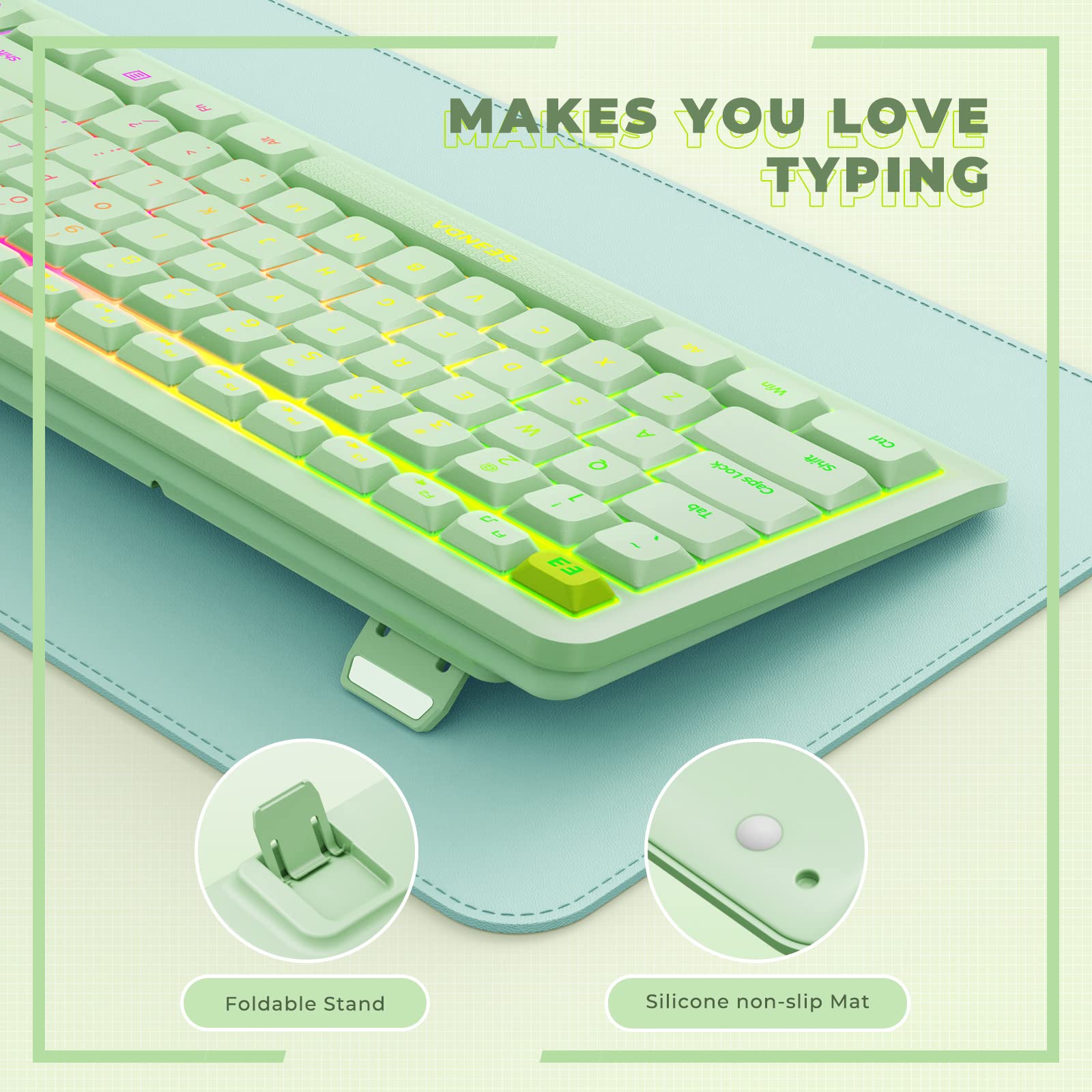 seenda Wireless Keyboard and Mouse Combo Backlit, Rechargeable Full-Size Illuminated Cordless Keyboard and Mouse Set, 2.4G USB Keyboard and Mouse for Computer/Laptops/Windows/Gaming, Mint Green