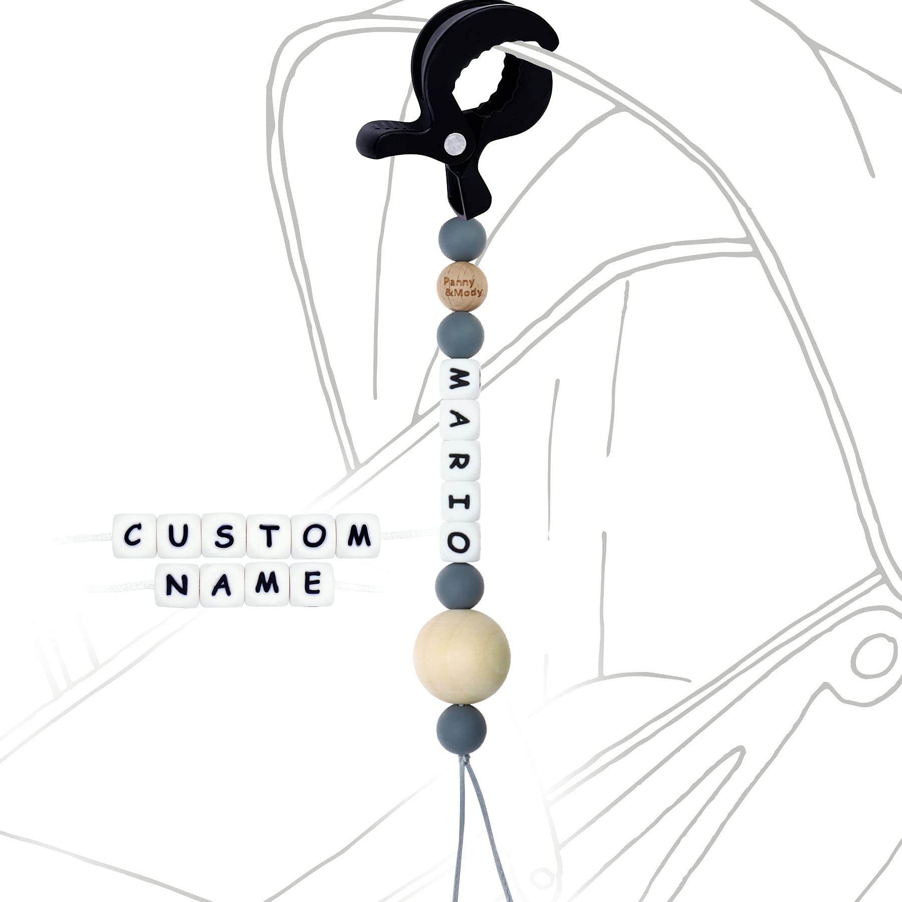 Personalized Stroller Clip with Name, Customizable Stroller Clip, Silicone Safety Clips, Panny & Mody Plastic Universal Clip for Strollers, Bags, Shopping Cart, Cribs, Cars(Grey)