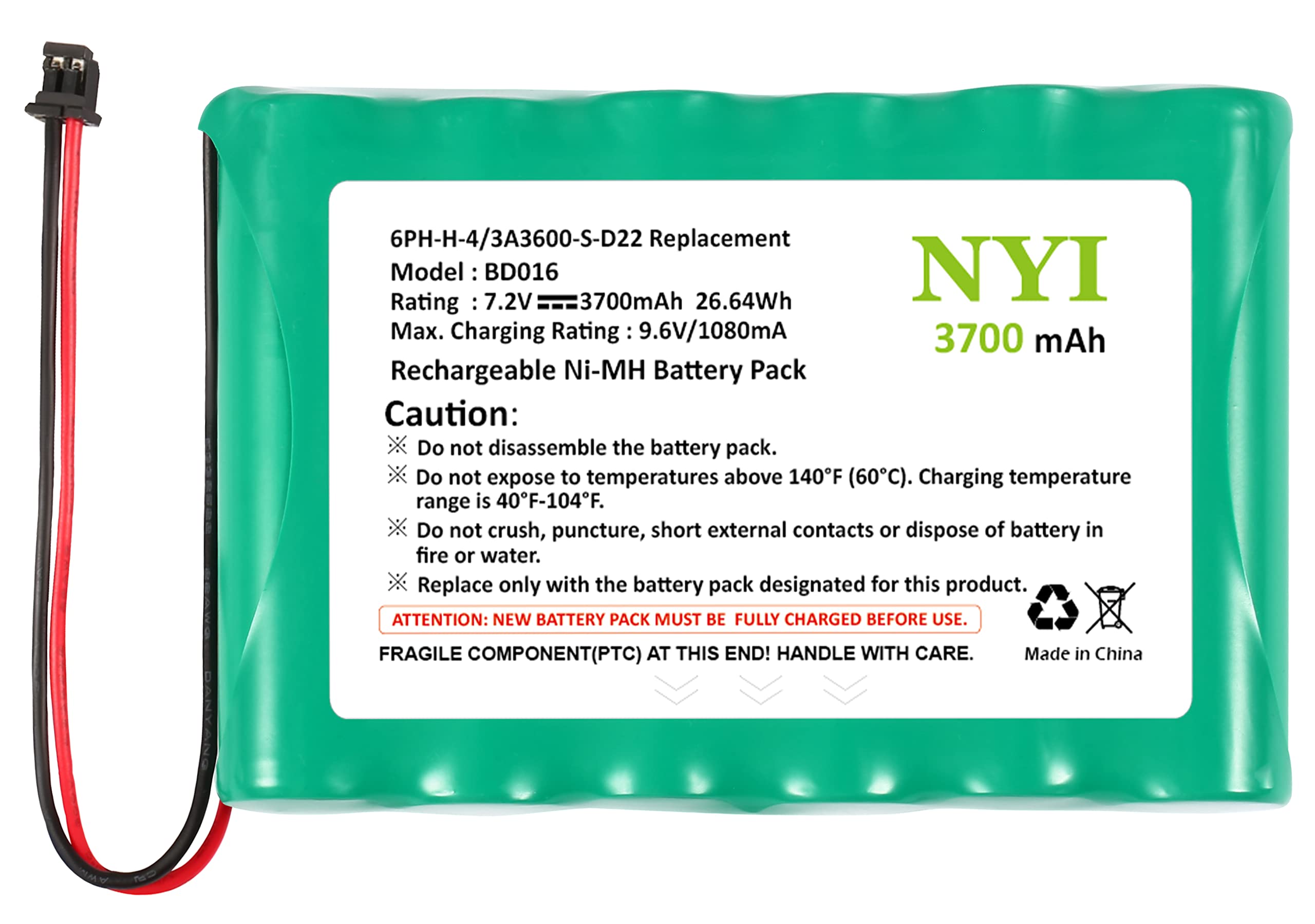 NYI Upgraded 3700mAh Battery Compatible with DSC IMPASSA 9057 2-Way Wireless Security System Alarm Panel, 6PH-H-4/3A3600-S-D22 Replacement, 7.2V Rechargeable Ni-MH Battery Pack for ADT Control Panel