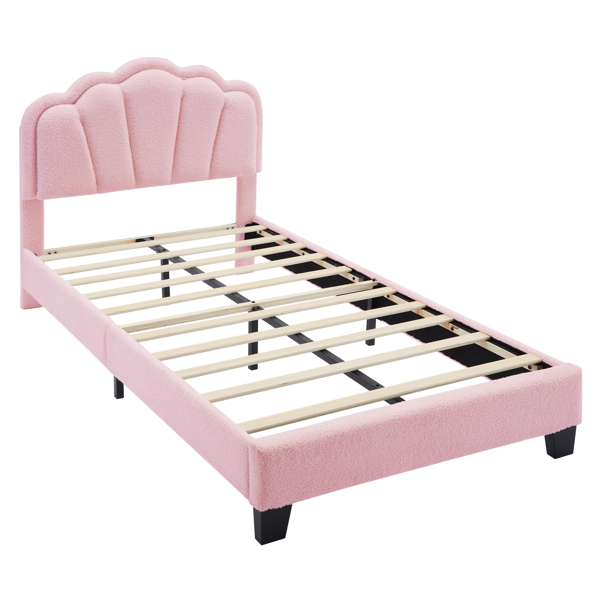 SOFTSEA Twin Upholstered Bed with LED Lights, Adjustable Headboard, Princess LED Bed Frame with Shell Headboard, Fleece Platform Bed for Kids Girls, Wood Slats Support, White