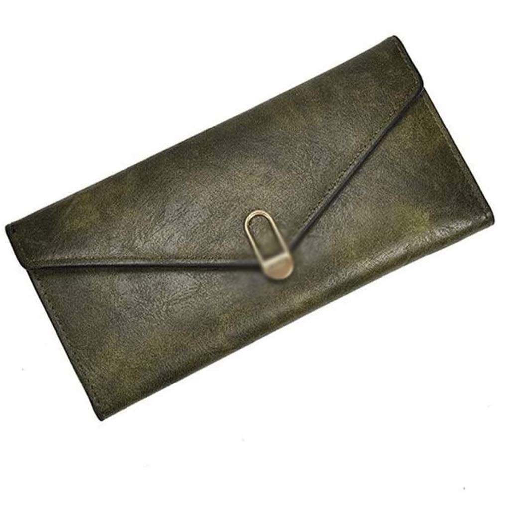 n/a Women's Long Retro Wallet, Large-Cap Tri-fold Wallet with Large Capacity, Buckle Multi-Card Coin Purse, Versatile (Color : Green)