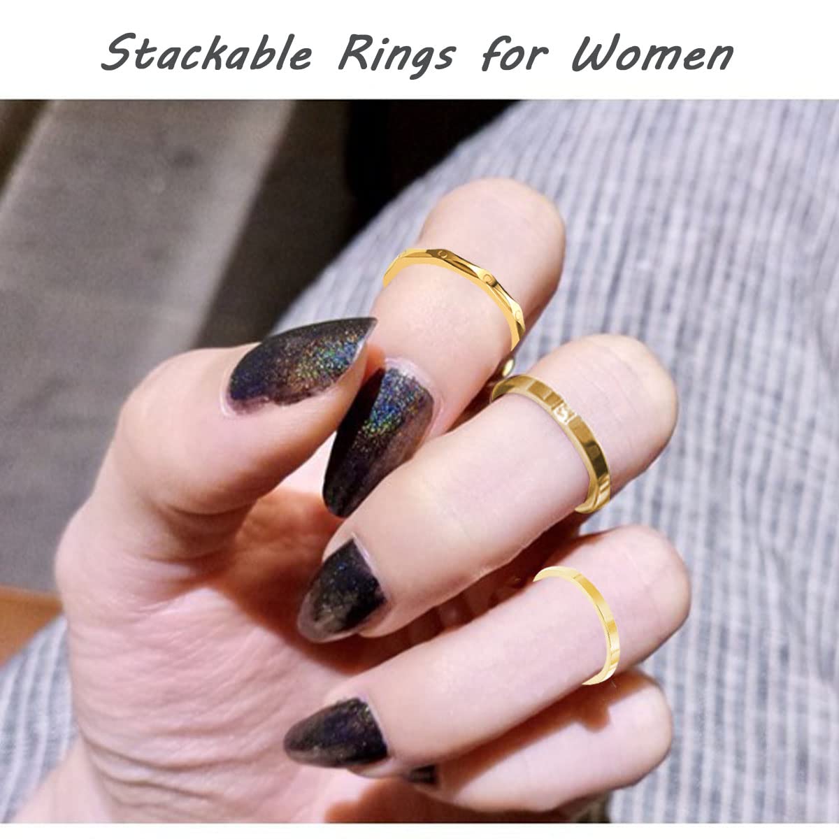 Nanafast 3PCS Thin Stackable Rings Stainless Steel Ring for Women Simple Midi Rings Set Plain Ring for Couple Wedding Band Promise Ring Gold 10
