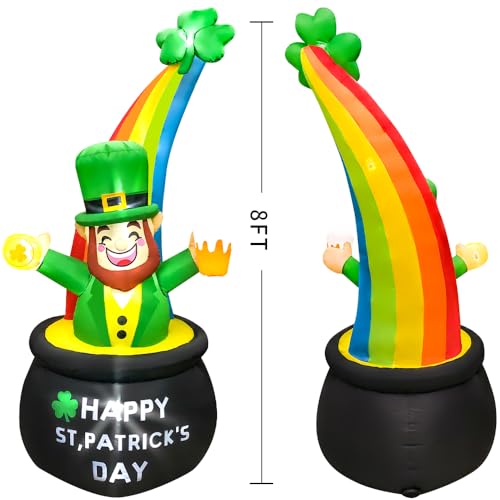 KOOY 8FT St Patricks Day Inflatables Outdoor Decorations,Inflatable Leprechaun in Pot of Gold with Rainbow Blow up Yard Decorations,St Patrick Decorations for Yard Holiday Party Garden Lawn Décor