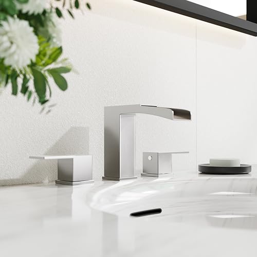 Pheistina 8-Inch Widespread Brushed Nickel 3 Holes 2 Handles Waterfall Bathroom Sink Faucet, with Metal Pop Up Drain Assembly & Cupc Water Supply Lines, NS-WF002-1-BN