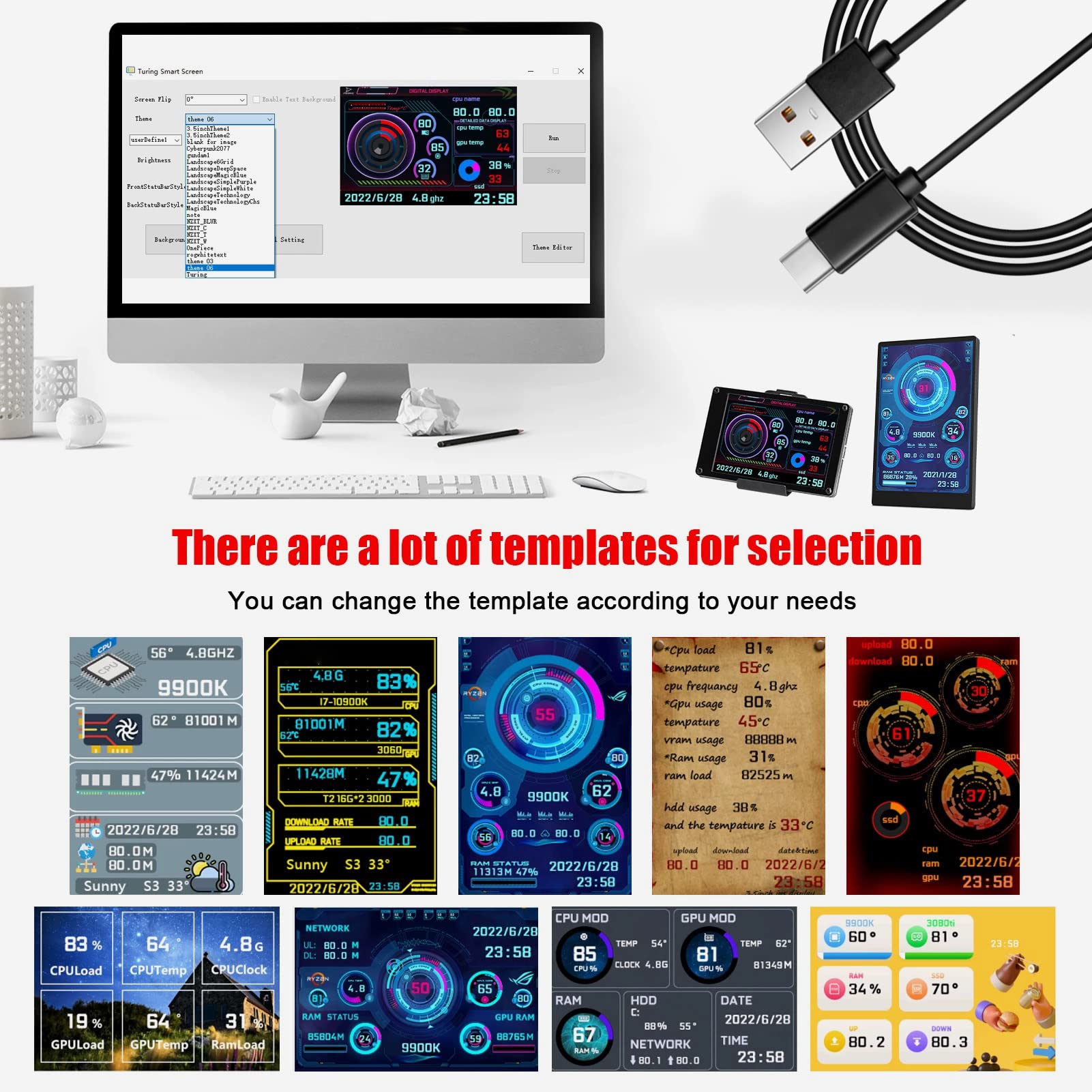 PC CPU Data Monitor, 5in IPS USB Mini Screen Computer Sensor Panel Display Temperature Monitor for AIDA64 PC CPU Data Monitor, Only Support for Windows System