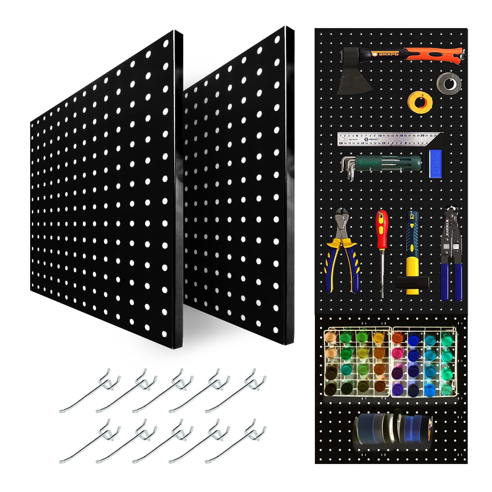 Pegboard 2 PCS, Pegboard Wall Organizer, Black Peg Board Metal Pegboard Panels with 8 Pcs Pegboard Hooks, Garage Tool, Craft Room, Indoor Wall Organization Storage Kits, Father's Day Gift