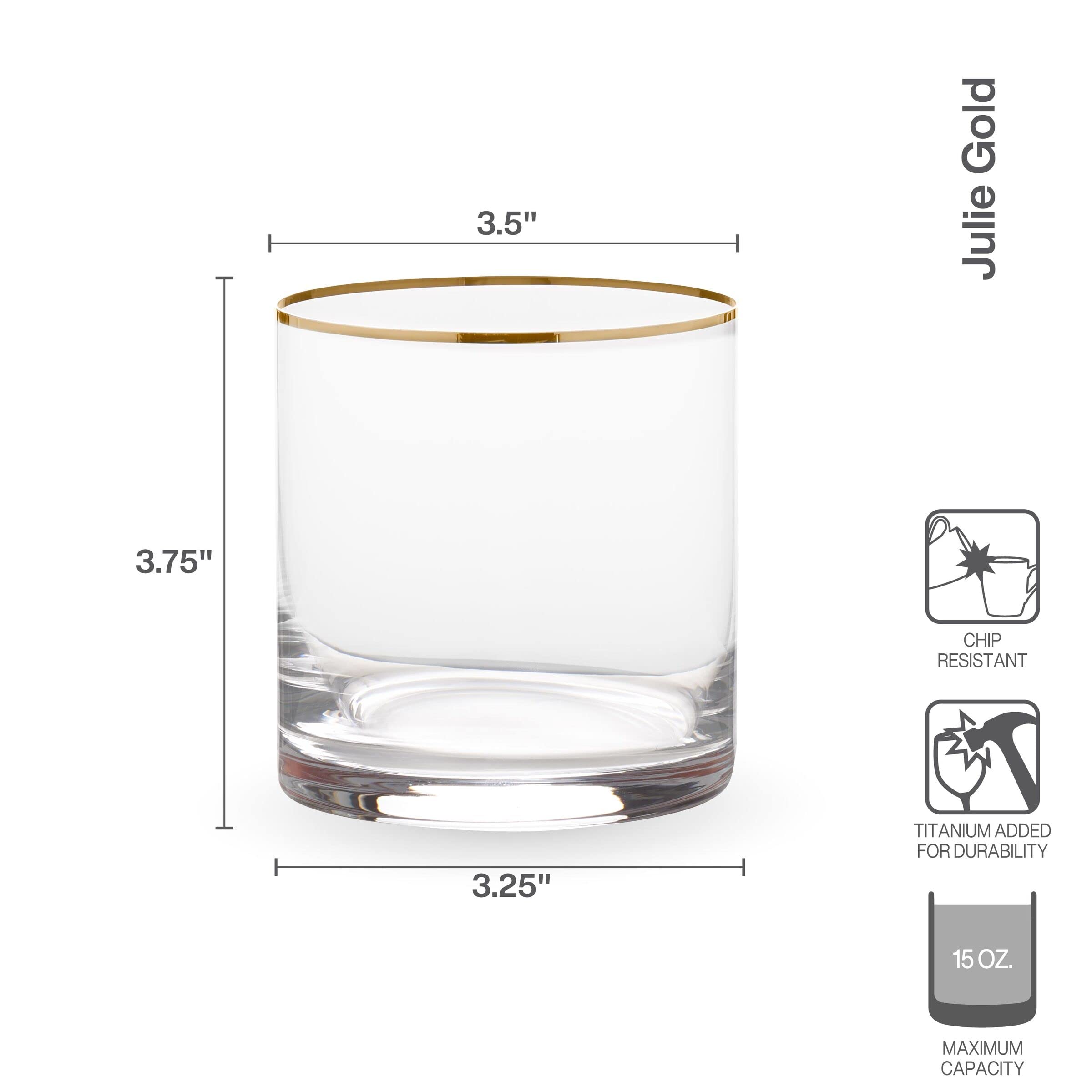 Mikasa Julie Gold Set of 4 Double Old Fashioned Rocks Glass, 15-Ounce, Clear