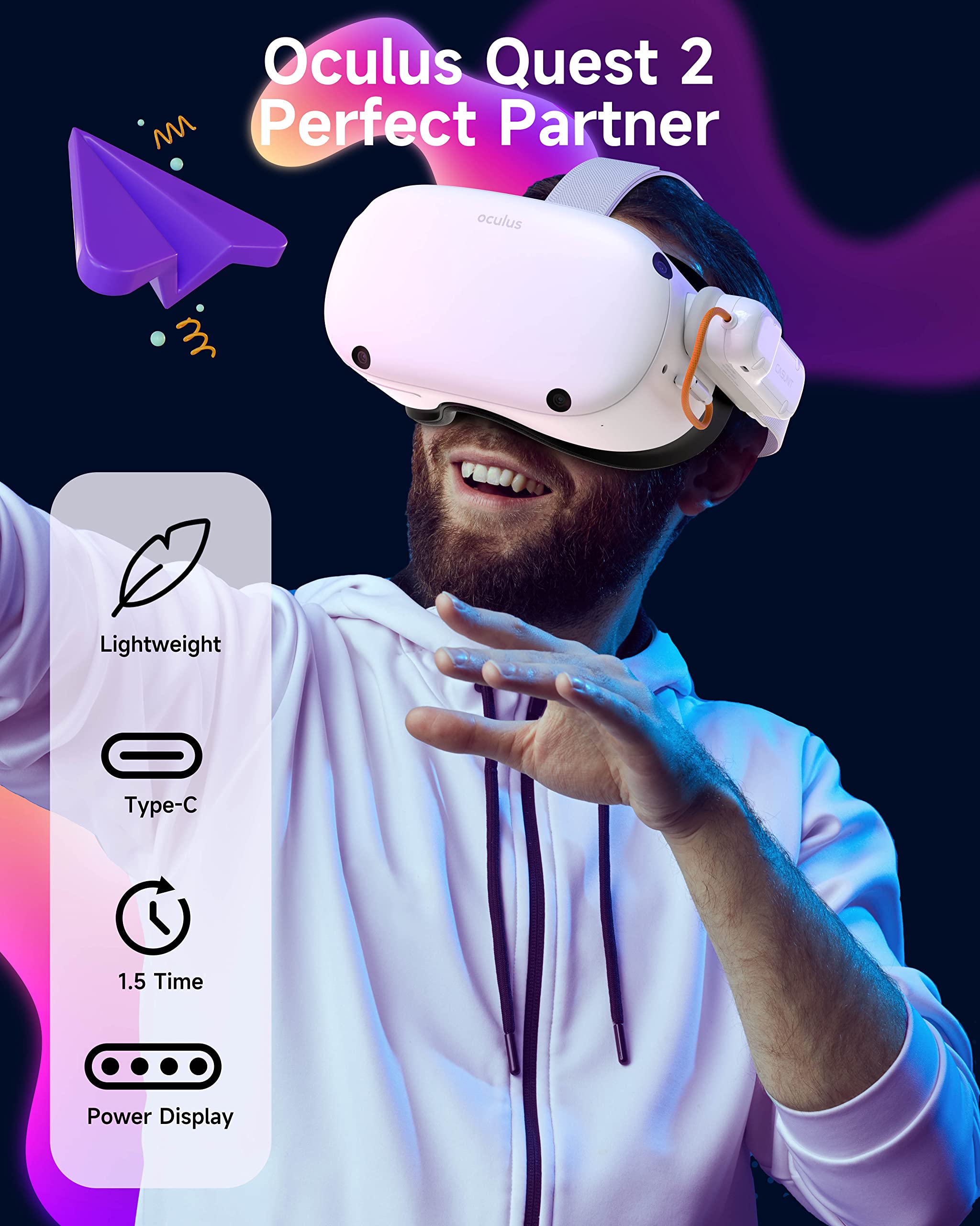 Oculus Quest 2 Battery Pack,Meta Quest 2 Pro Headset and Elite Strap, Lightweight 3350mAh Rechargeable Extended Portable Battery Bank Compatible with Quest 2 Original Strap and Elite Strap