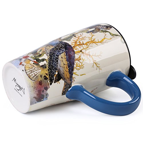 Minigift Ceramic Coffee Mug,Travel Cup with Lid,Handmade Milk Mug 16oz-Ocean Turtle