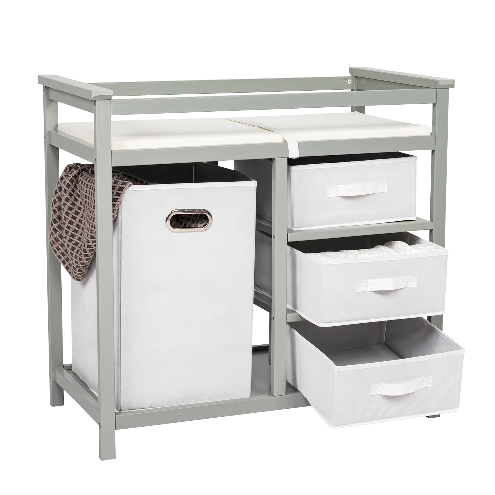 Kinsuite Baby Care Table - Diaper Changing and Clothes Table, with Storage Cloth Drawer and Dirty Clothes Basket, Including Cushion, Safe and Comfortable, Grey