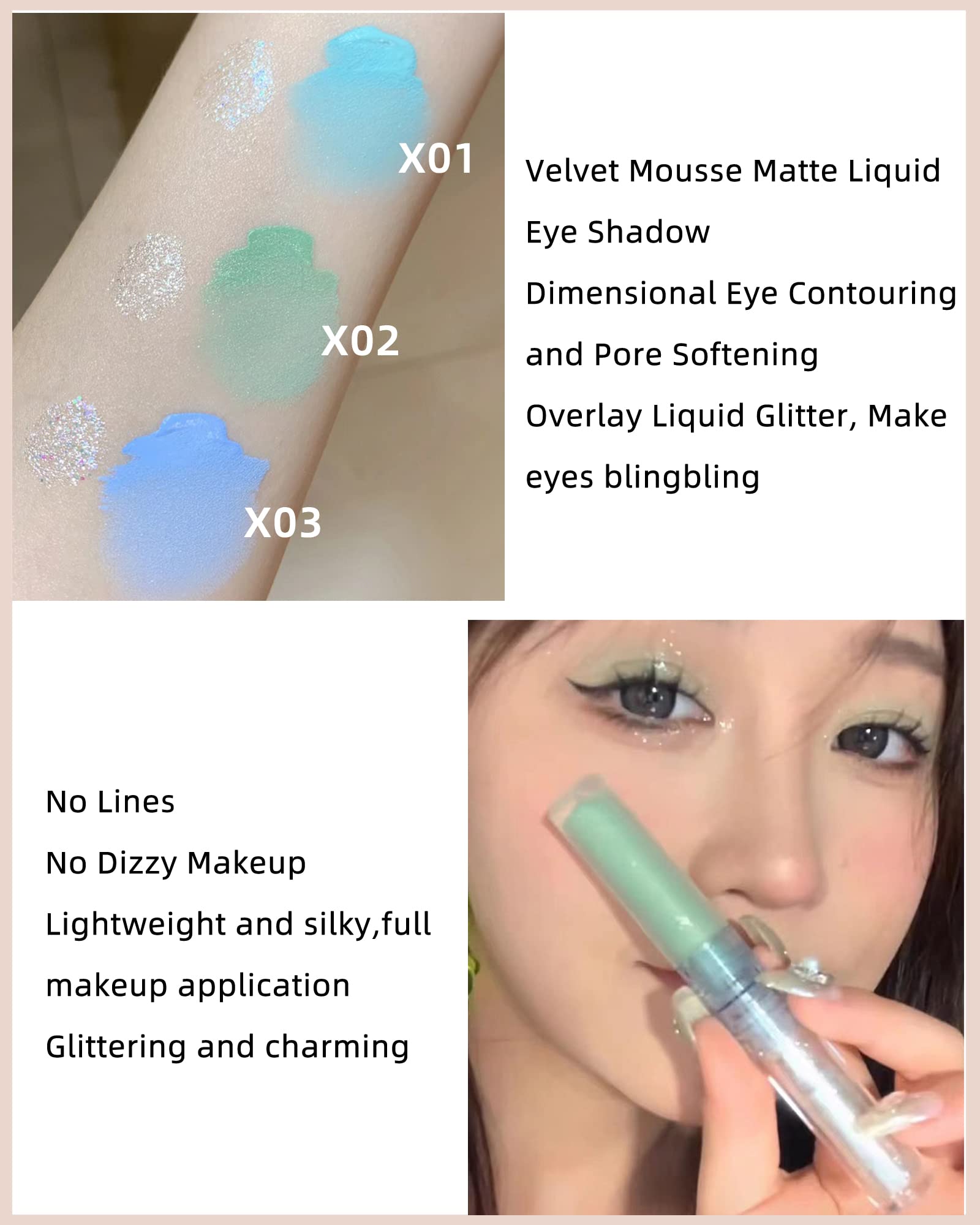 LYSdefeu 2 in 1 Long Lasting Glitter Liquid Matte Eye shadow, Green Blue Shimmer Liquid EyeShadow Kit β 3 Pcs High Pigmented Velvet Cream Eyeshadow Eyeliner Stick, Create Korean Eye Makeup