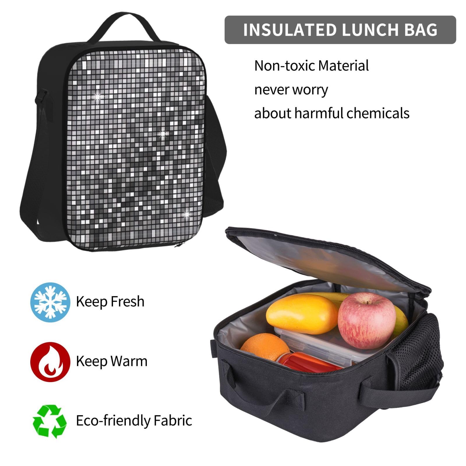 KoNsev 3pcs Backpack Sets,Silver Sequin Sparkle Pattern Printed Backpacks Set With Lunch Bag Pencil Pouch
