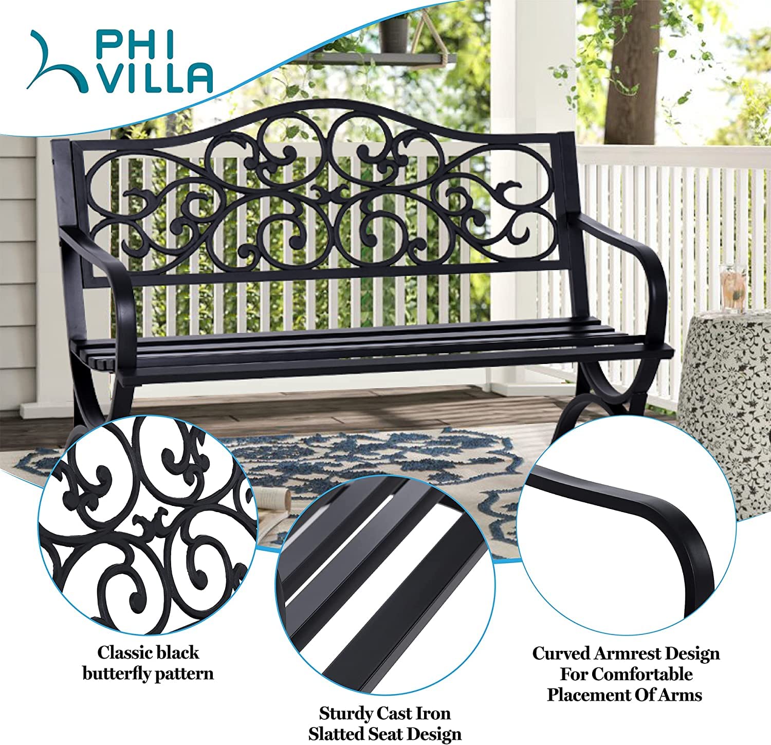PHI VILLA 50-Inch Cast Iron Steel Frame Garden Bench Outdoor Patio Bench Chair w/Floral Design Backrest, Slatted Seat for Park, Yard & Porch, Black