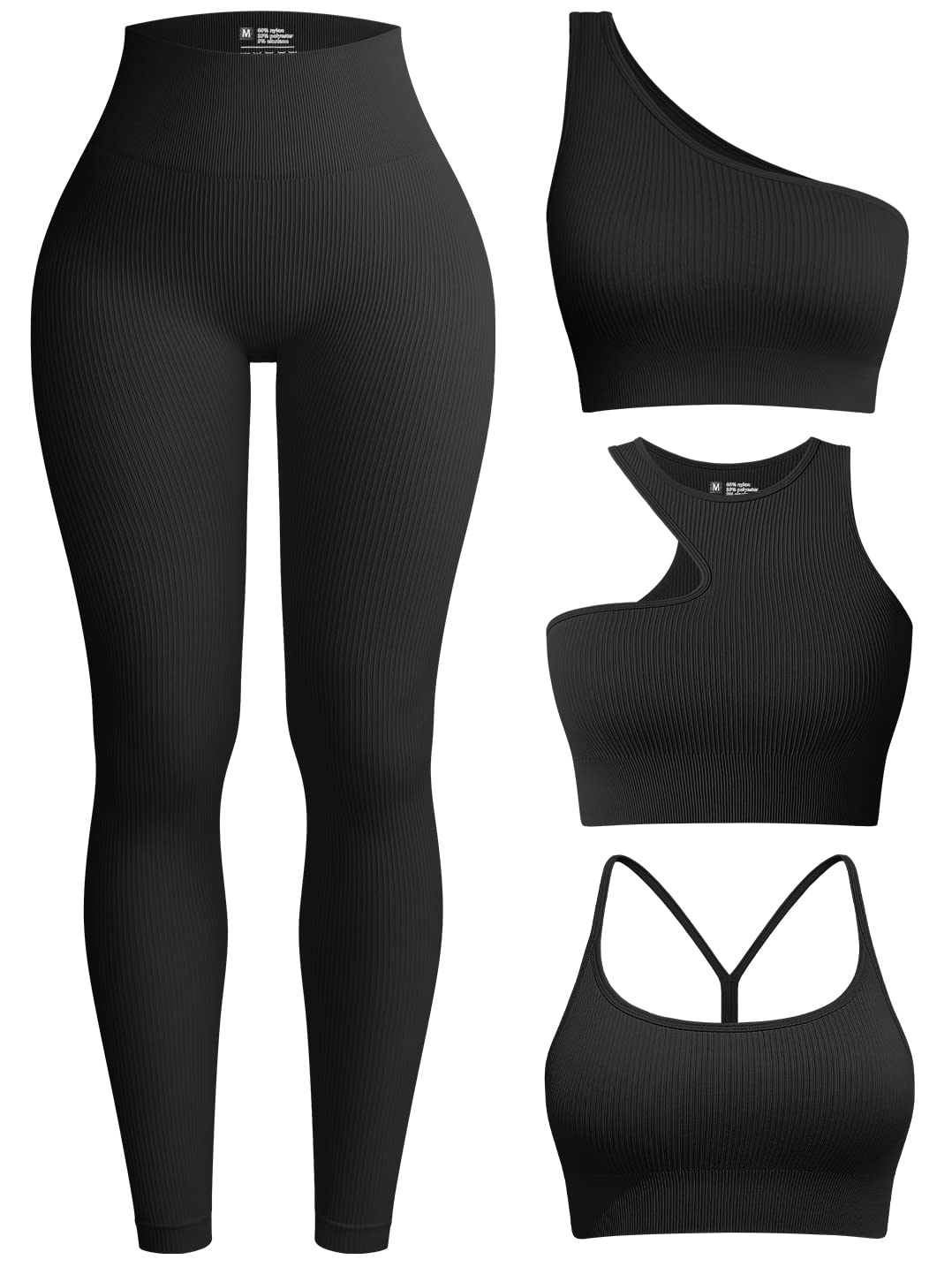 OQQ Women's 4 Piece Workout Ribbed Yoga High Waist Legging 3 Crop Sports Exercise Set Bra Outfit, Black, Medium