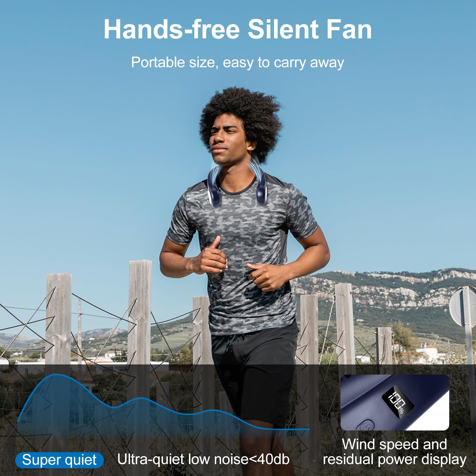 Odoland Portable Neck Fan with LED Display, 3600mAh Rechargeable Hands Free Bladeless Mini Fan, 4 Speed Adjustment Strong Wind Portable Fan for Traveling Office Camping, 2 Pack, White&Blue