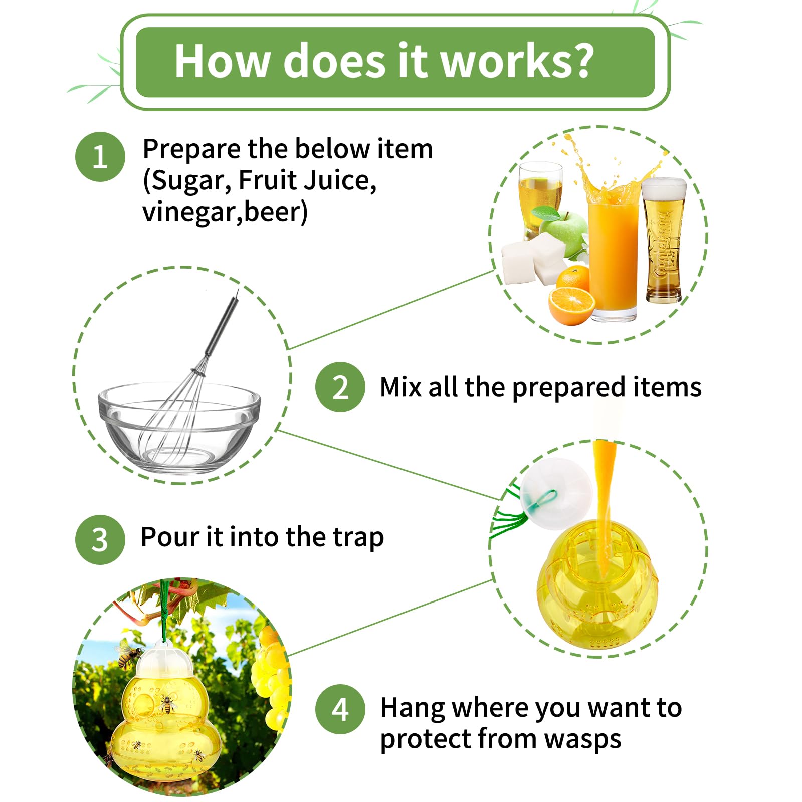 Protecker Wasp Trap Outdoor Hanging, Bee Traps Catcher, Effective Outdoor Wasp Deterrent Killer Insect Catcher, Non-Toxic Reusable Hornet Yellow Jacket Trap - Yellow, 2 Pack