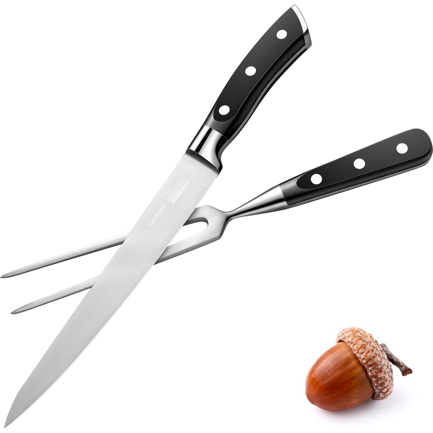 OAKSWARE Carving Set, 2-Piece Carving Knives Set, Includes 8 Inch German Stainless Steel Slicing Knife and 6 Inch Fork with Ergonomic & Full Tang Handle, Kitchen Knives for Turkey, BBQ, Ham