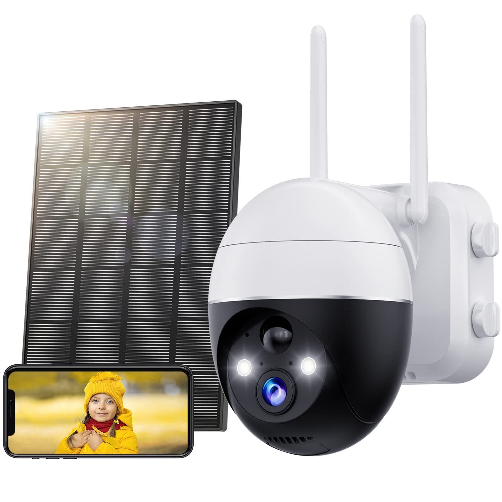 Solar Security Camera Outdoor, 2K Color Night Vision, 2.4Ghz WiFi 360° PTZ Camera, Battery Powered Camera for Home Security, PIR Human Detect with Spotlight, 2-Way Talk, IP66, SD/Cloud