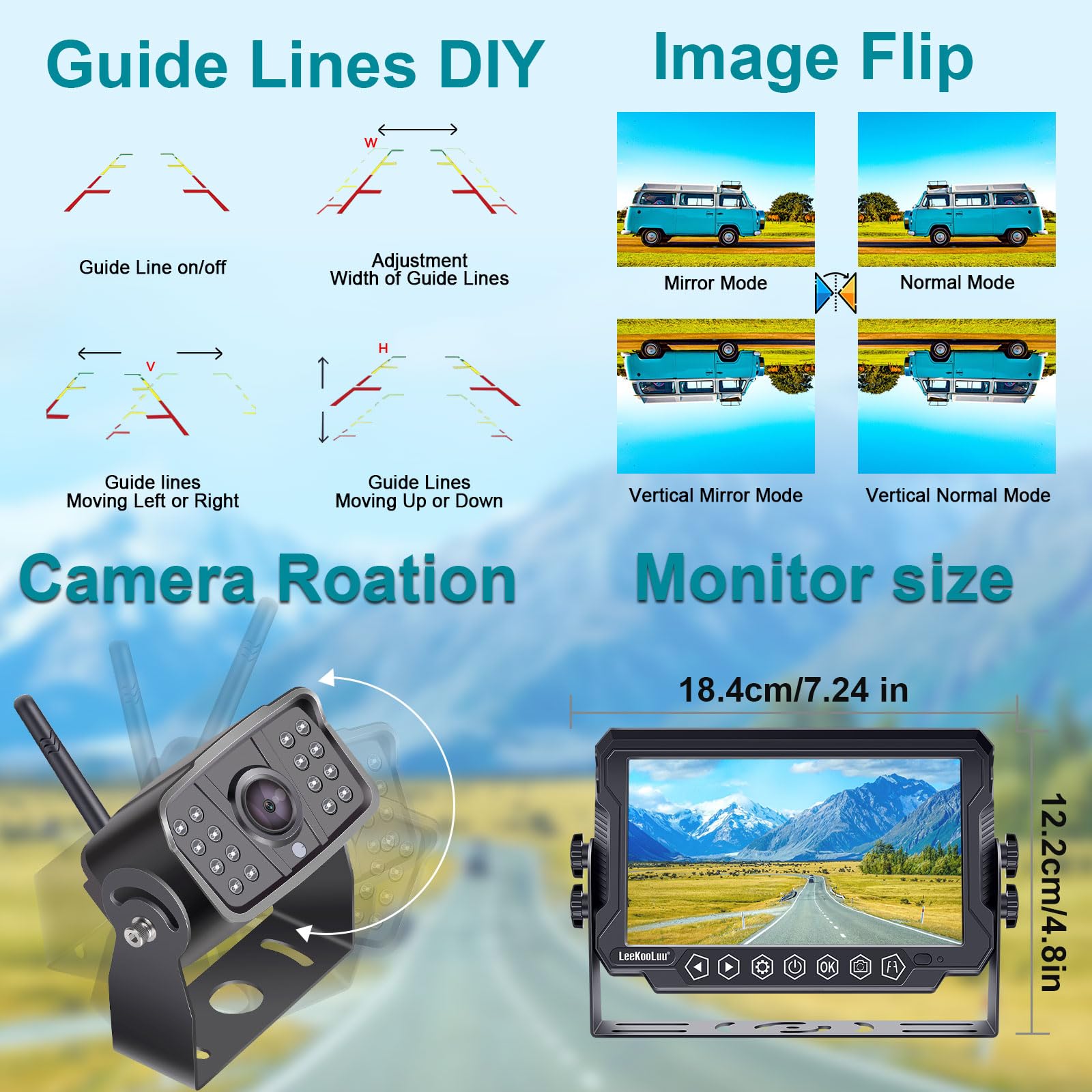 LeeKooLuu RV Backup Camera Wireless 7 Inch Monitor DVR Touch Key 2 Rear View Camera System Digital Signals for Trailers Motorhome 5th Wheels Pigtail Wire Adapter for Furrion Pre-Wired RVs F07