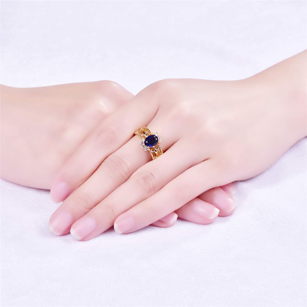 Honghu 18K Gold Plated Oval Shape Gemstone Chunky Vintage Queen Dainty Ring Cocktail Retro Statement Royal Blue #8