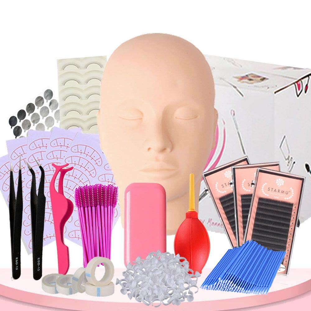 Lash Extension Kit, Lash Kit with Mannequin Head, False Eyelash Extension Practice Exercise Kit, Lip Makeup Eyelash Grafting Training Tool Kit