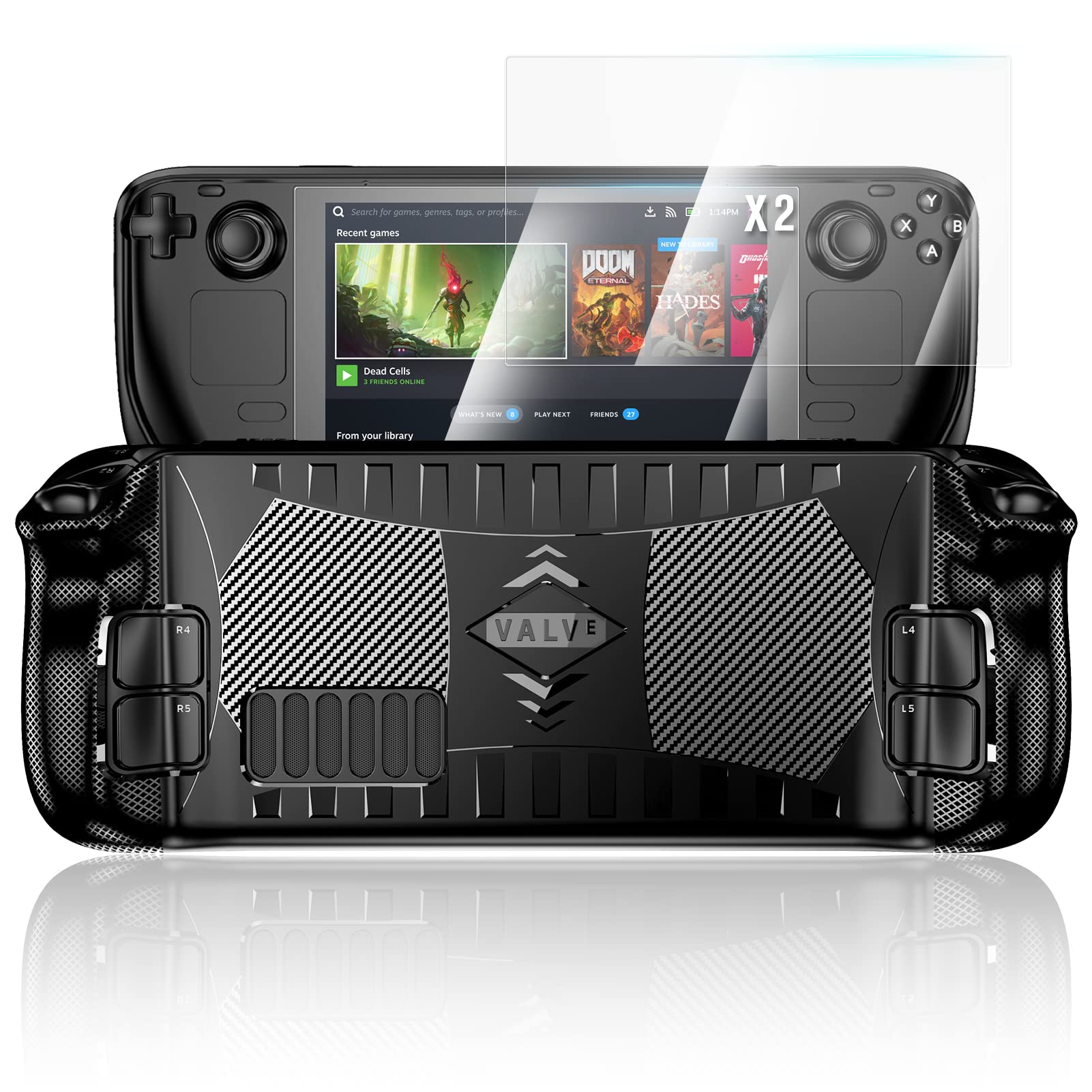 Protective Case for Steam Deck with 2-Pack Screen Protector, TOPVELO TPU Protective Cover Case with Anti-drop, Anti-slip Design, 9H Tempered Glass Film Easy Installation/Anti-Scratch ¨C Black