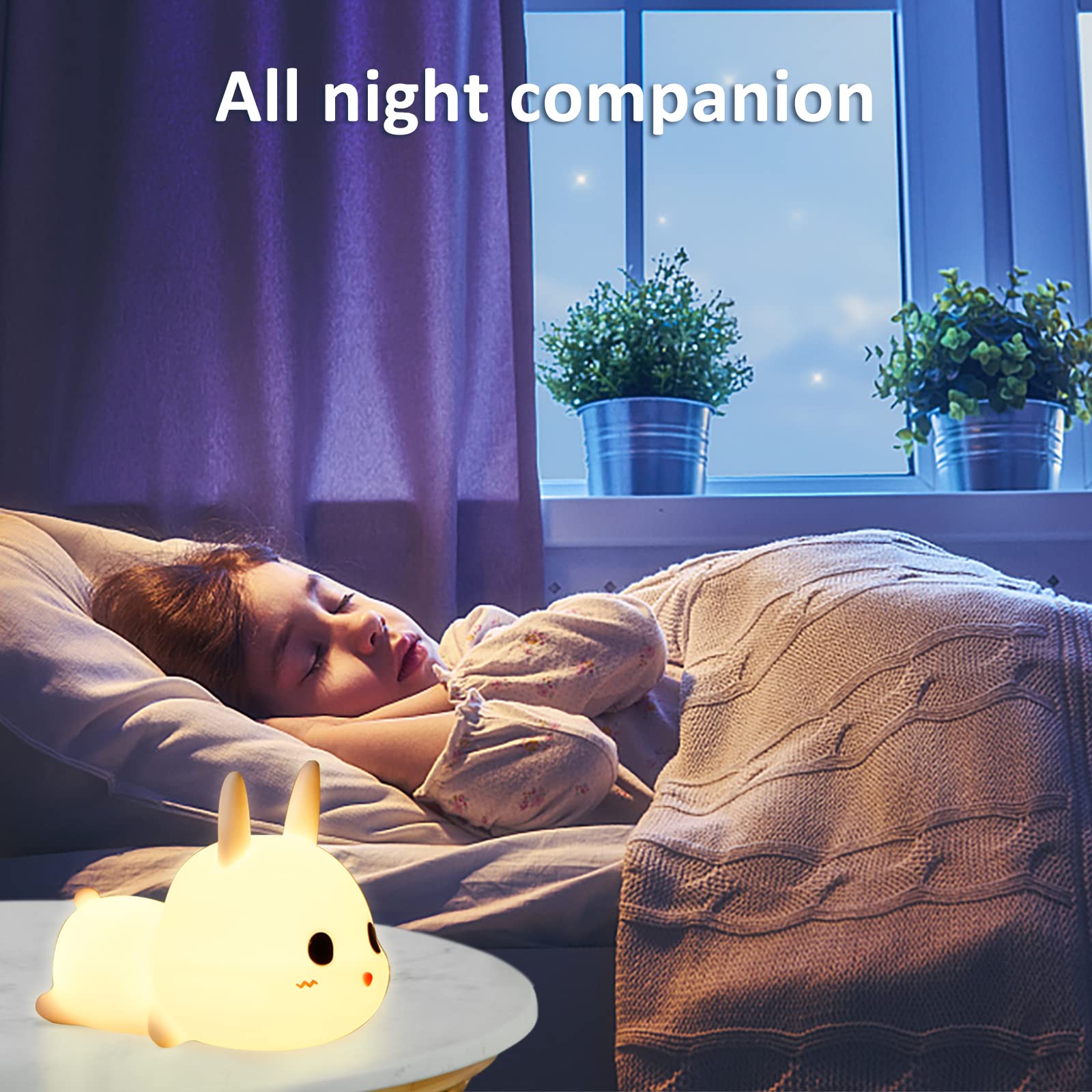 Qrbsi Cute Night Light for Kids, Bunny Night Light with Warm Light & Dimmable, Tap Control Kids Night Light with Timer, Rechargeable Toddler Night Lights, Kawaii Bunny Lamp for Room Decor