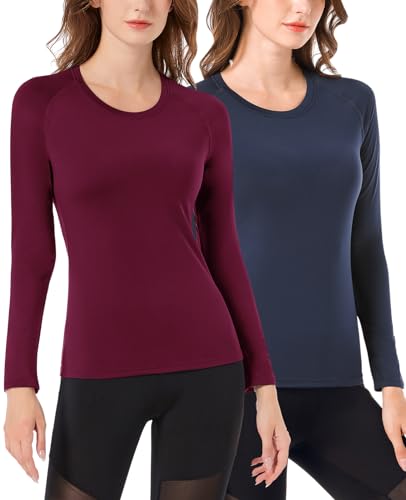 MRIGNT Womens Base Layer Thermal Tops 2 Pack, Women's Underscrub Comfort Tee Black, White