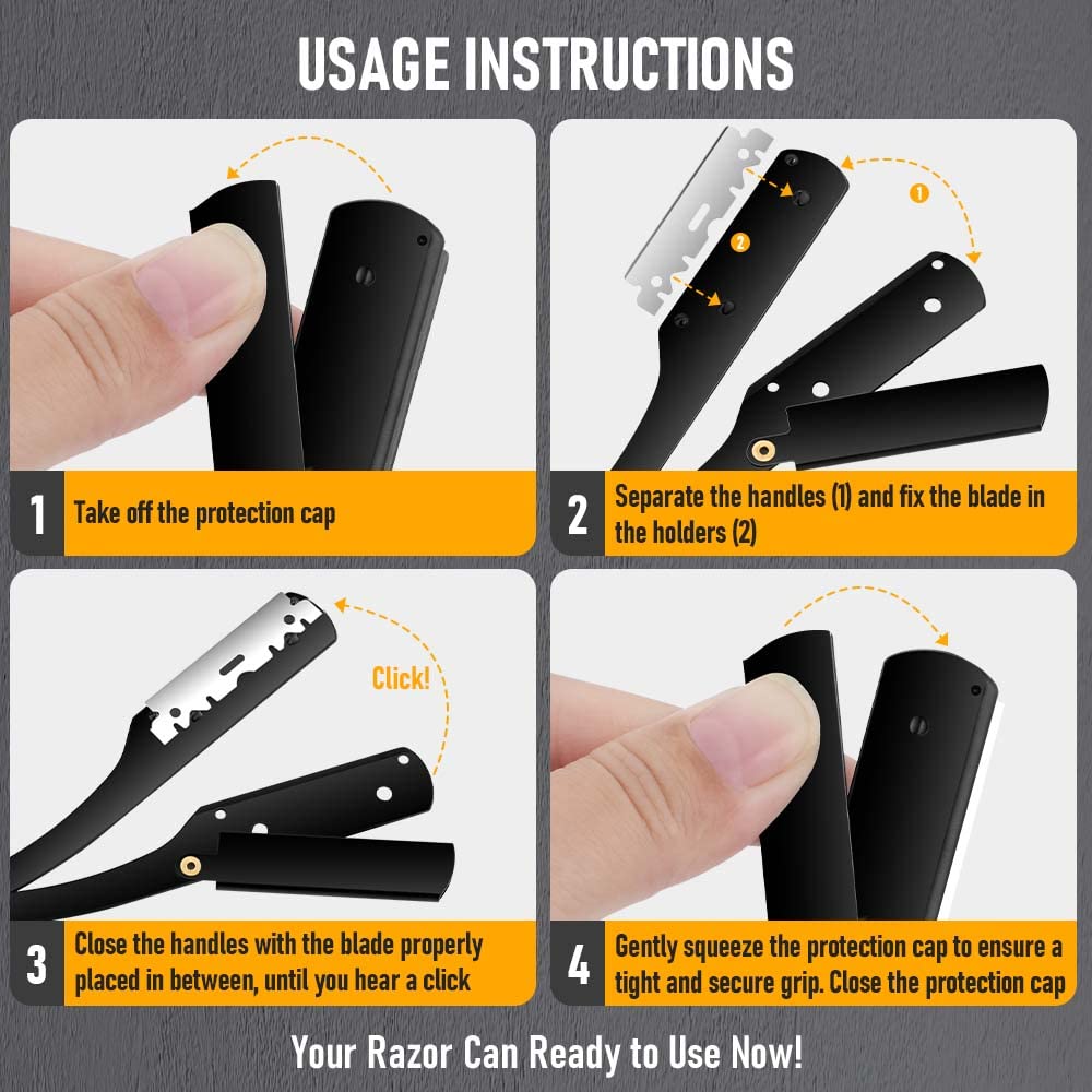 Professional Straight Edge Barber Razor for Men with 100 Single Blades Premium Stainless Steel Shaving Razor for Moustache, Beard Shaper & Trim Side Lines (Black)