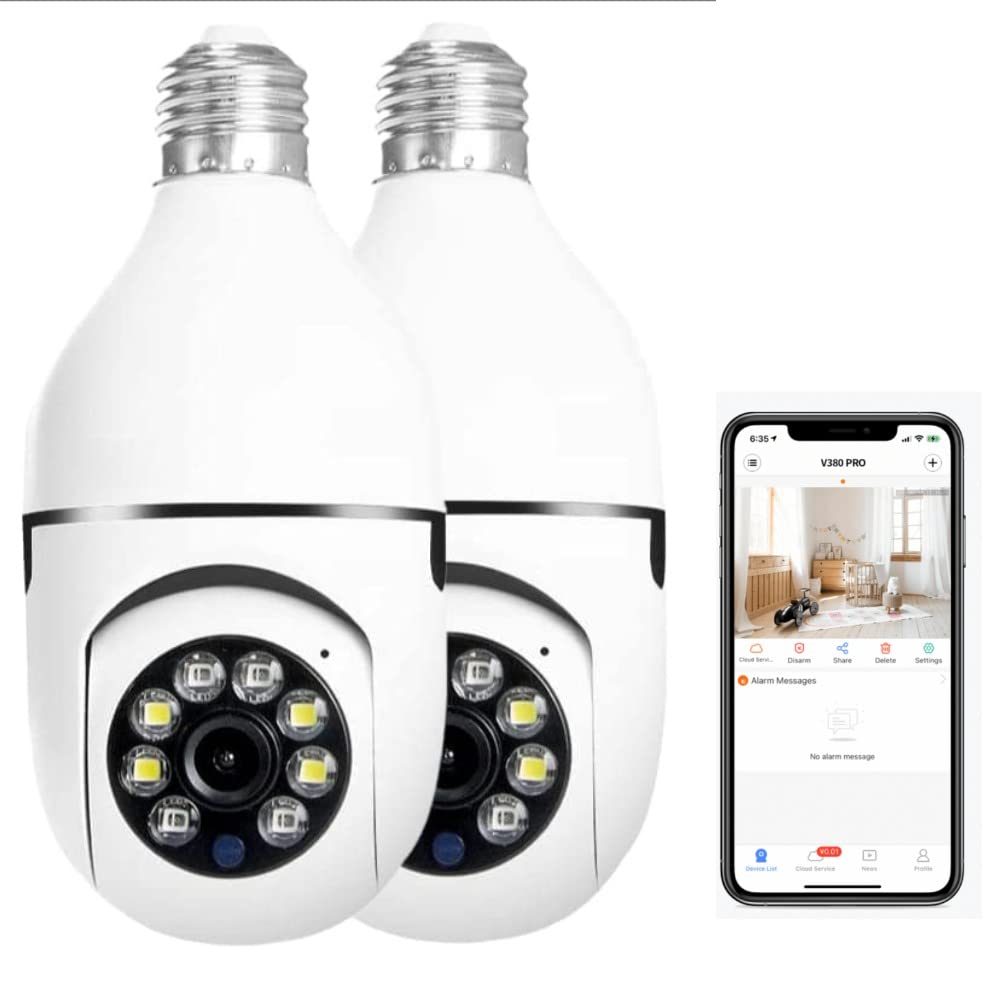 Set of Two 360 Degree Indoor Security Cameras + Two Plug Bulb Socket Adapter, 2.4G WiFi Light Bulb Camera, 1080p Home Security Surveillance Camera, Motion Detection, Two-Way Audio