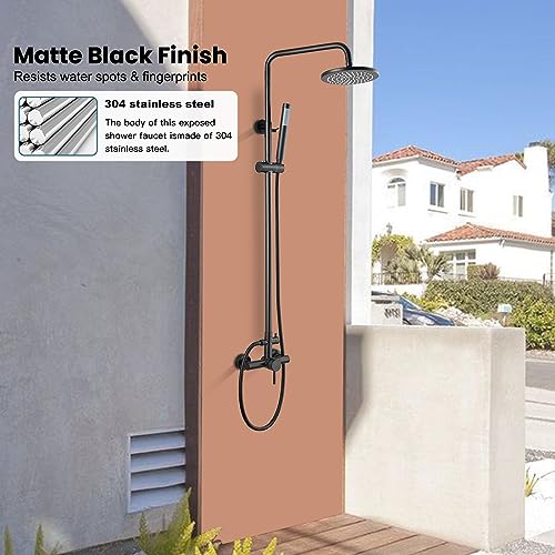 Outdoor Shower Fixture Set Matte Black SUS 304 Stainless Steel 8 Inch Rainfall Shower Head with Cylinder Handheld Spray Wall Mount Adjustable Slide Bar One Handle Shower Faucet