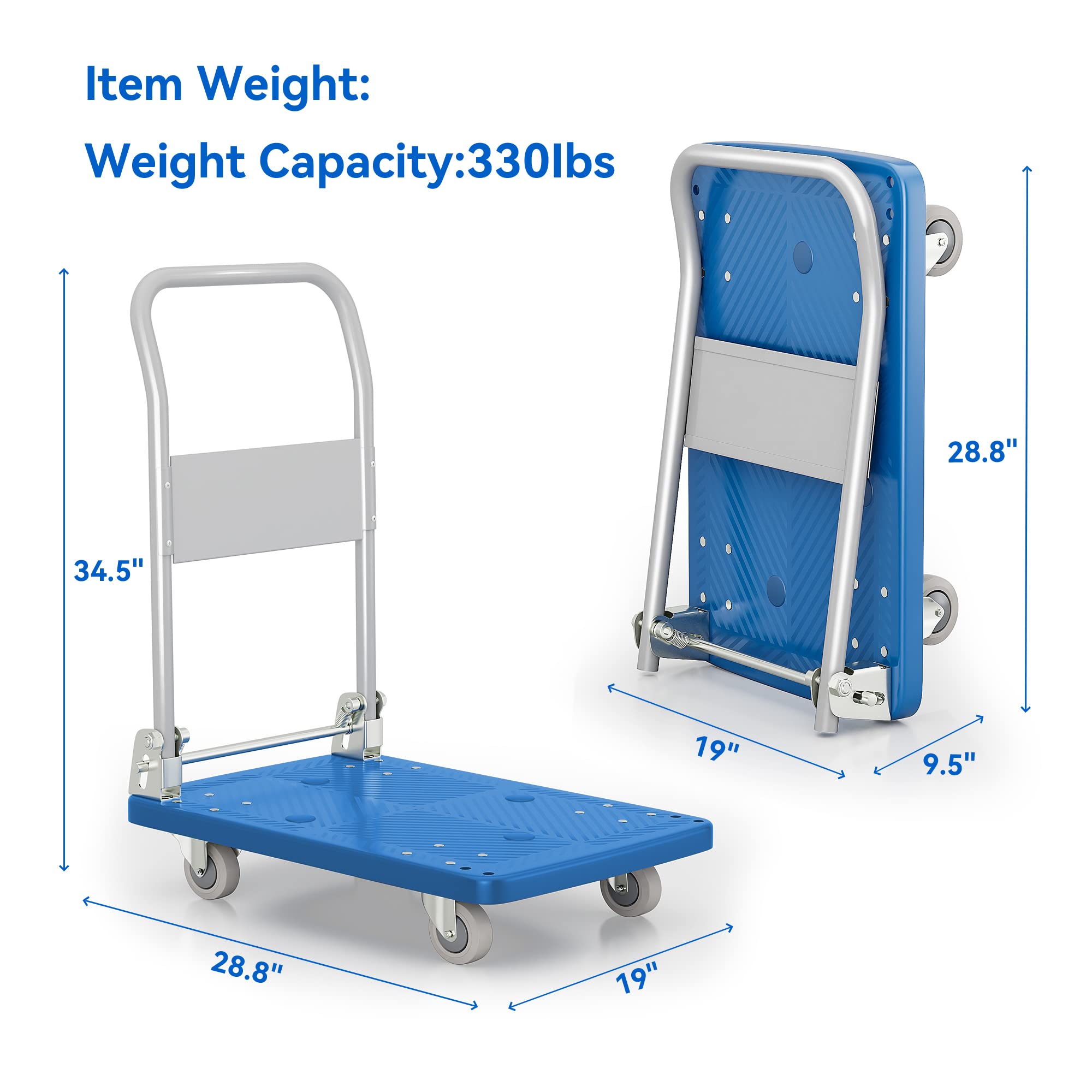 Platform Truck, Foldable Push Cart Dolly 330/660LBS Weight Capacity with 360 Degree Wheels for Loading, Blue