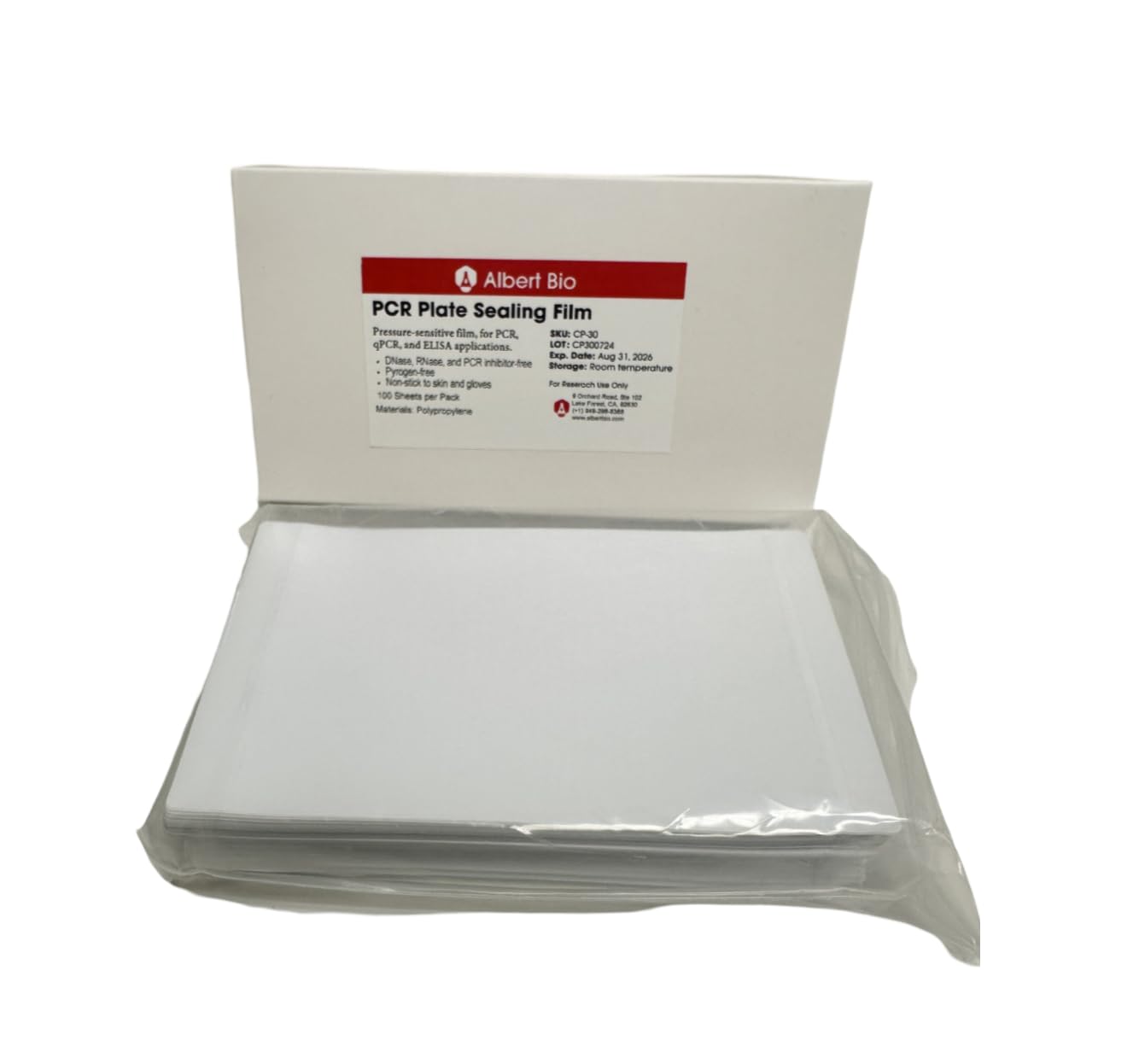 PCR Plate Sealing Film, Pressure-Sensitive Adhesive, Optically Clear Plate Sealing Film, for PCR, qPCR, and Elisa Applications. Materials: Polypropylene. 100 Sheets per Pack. Microplate Sealing Tape.