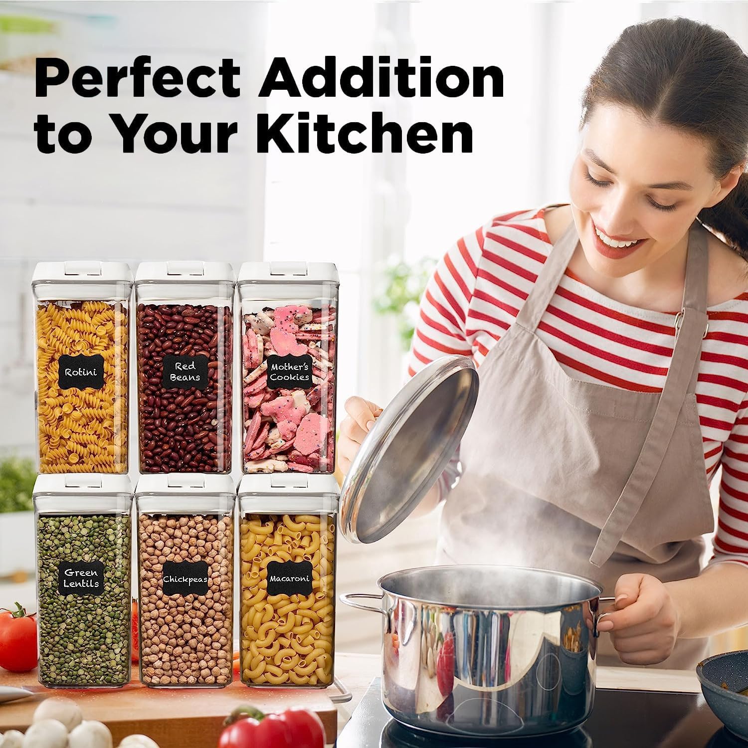 Shazo Airtight Food Storage Containers with Lids - 6 PC BPA Free Clear Plastic Cereal Containers with Easy Lock Lids for Kitchen and Pantry Organization for Snacks and Pasta - 1.2 L